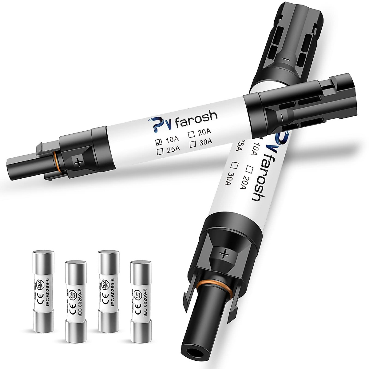 Pvfarosh 10A Solar Fuse Connector IP68 Waterproof 1000V in line Fuse Holder 10A Male and Female Connector Waterproof in Line Fuse Holder Contains 4 fuses 2 Solar 10A 2PCS