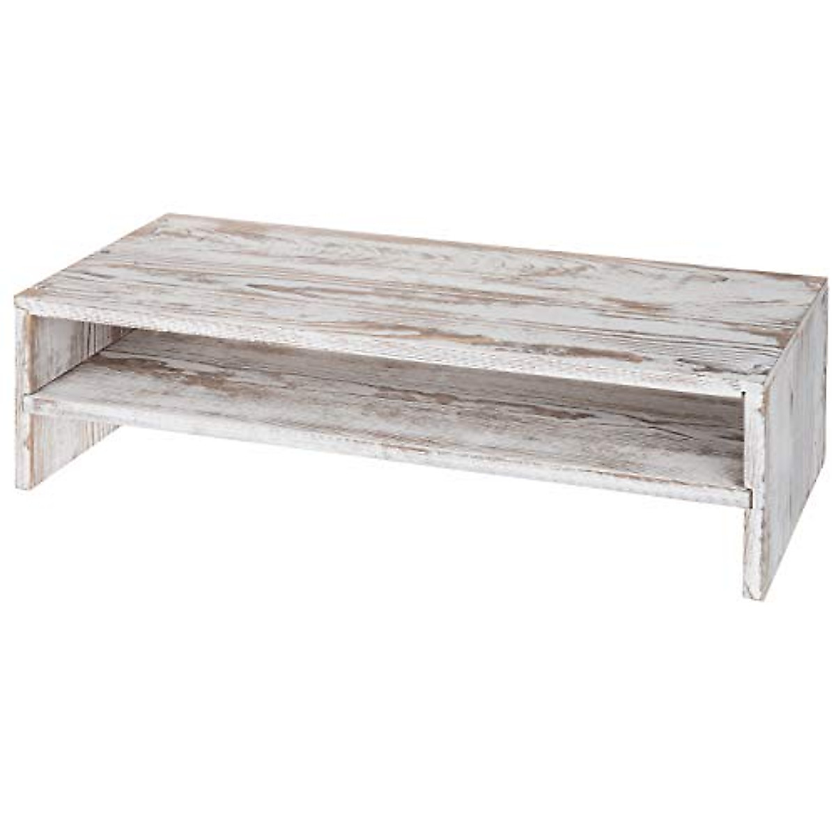 MyGift Shabby Whitewashed Wood Computer Monitor and Laptop Riser Stand for Desk, 2 Tier Office Desktop Storage Shelf