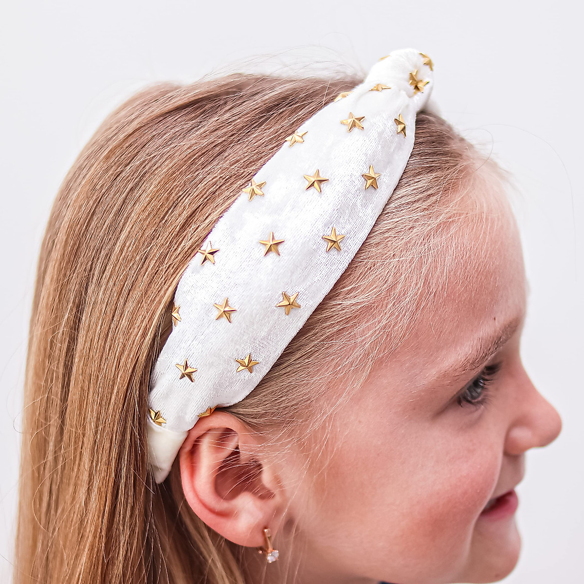 FROG SAC Star Studded White Knotted Headband, Velvet Hair Accessory with Gold Stars for Girls, No Slip Fashion Head Band