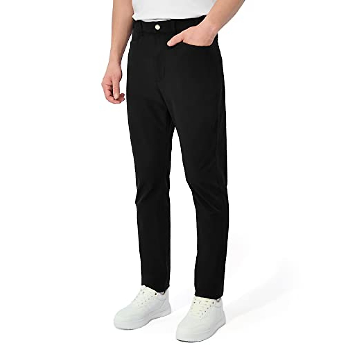 MELOO Men's Golf Dress Pants - Stretch Slim Fit Slacks Water Resistant Work Casual Trousers Pockets Black Size M