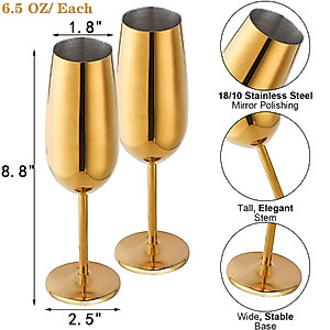 DEAYOU 2-Pack 18/10 Stainless Steel Champagne Glasses, Gold Metal Wine Goblet Cup for Cheers, Wedding, Party