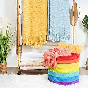 MINTWOOD Design 15 x 14.2 Inches Woven Cotton Rope Storage Basket, Stuffed Toy Basket Bin, Laundry Basket Hamper, Nursery Basket, Dog Toy Basket, Blanket Basket, Gift Basket, Rainbow