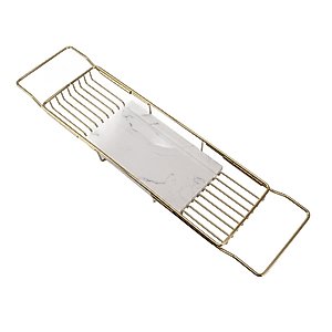 Metal Marble Bathtub Rack, Bathtub Caddy Tray Stainless Steel Shower Caddy Tray with Extending Sides, Bathroom Trays (Gold White)