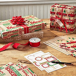 Hallmark Recyclable Kraft Christmas Flat Wrapping Paper Sheets with Cutlines on Reverse (12 Folded Sheets with Sticker Gift Tags) Rustic Red Trucks, White Snowflakes, "Merry Christmas" Lettering