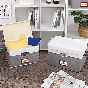 Yawinhe 4-Pack Storage Boxes with Lids, Storage Baskets Cubes, 13x9x7.9Inch, Fabric Storage Bins Organizer Containers with Dual Leather Handles for Home Bedroom Closet Office White/Grey