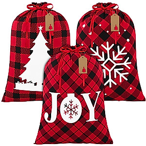 Aneco 3 Pieces Christmas Drawstring Gift Bags Red and Black Plaid Drawstring Bags with 24 Kraft Paper Tags and 16 Feet Rope Cotton Xmas Gift Bags for Christmas Party Supplies, 24 x 18 Inch