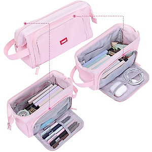 EOOUT Large Pencil Case, Big Capacity Pencil Bag with 3 Compartments, Can Hold 100 Pencils，Aesthetic School Supplies For Girls, Pink (Pink)