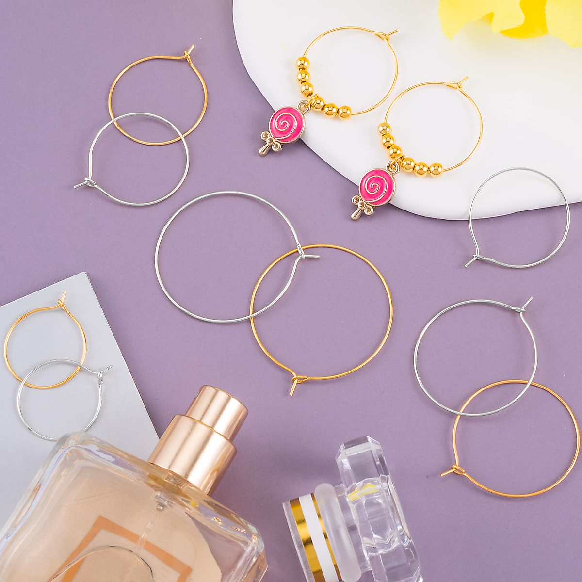 OIIKI 280PCS Earring Beading Hoops, 4 Sizes Gold/Silver Plated Hoop Earring Findings, Open Hoops, Metal Earring Rings, Round Earring Beading Decorative Accessories for DIY Jewelry Making, Parties