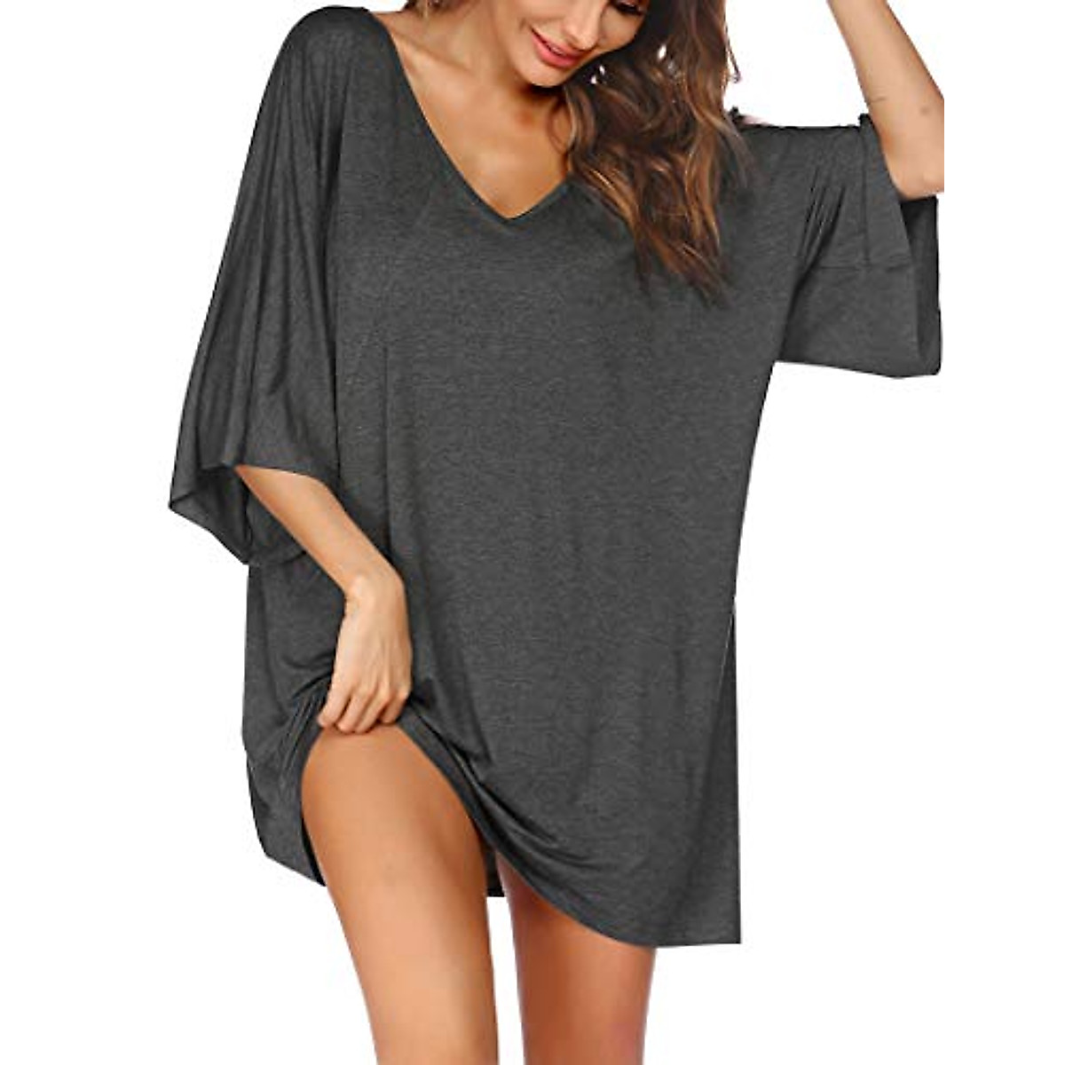 Ekouaer Deep V Neck Sleepshirt Sexy Cotton Nightshirt For Women, Gray, Large