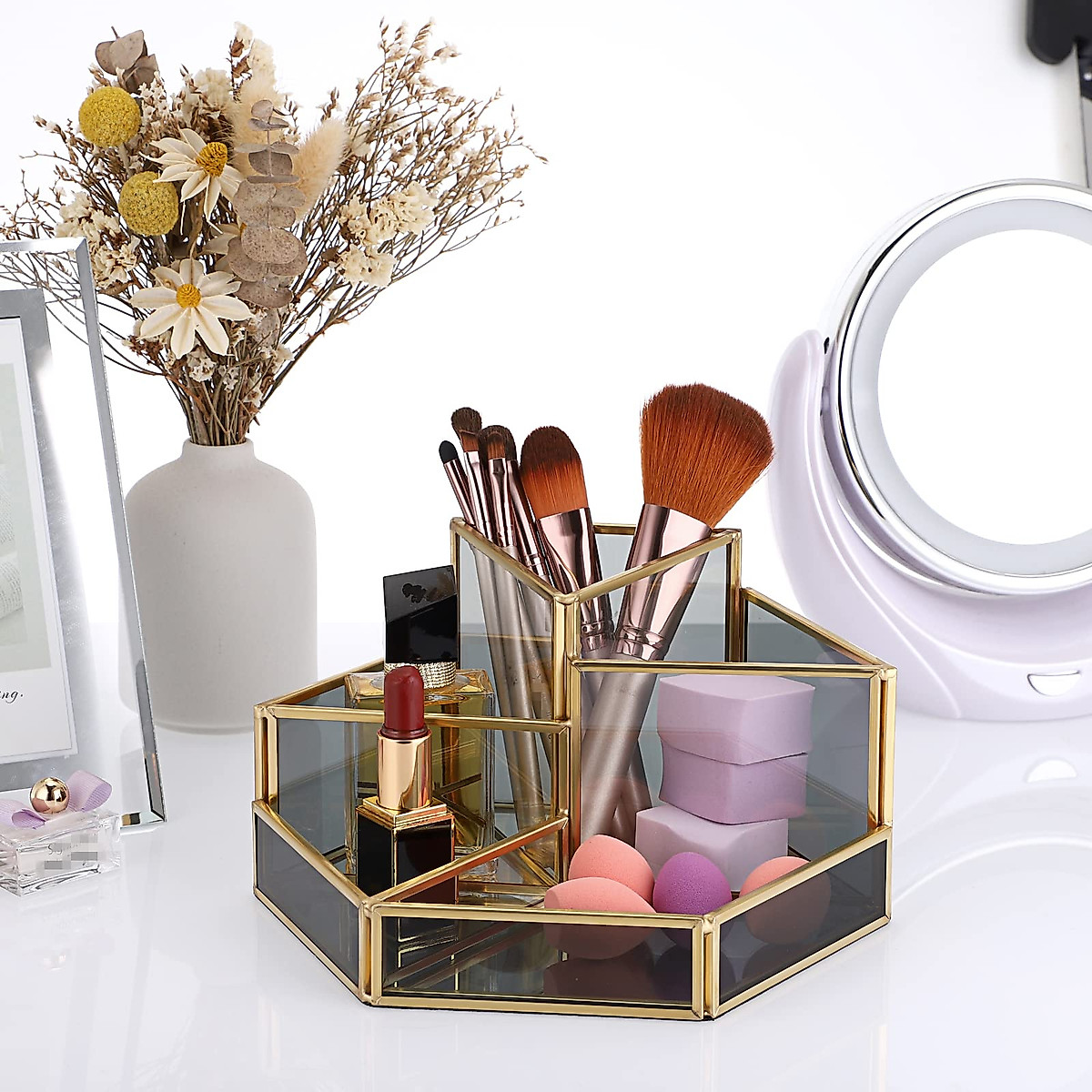 ELLDOO Multi-Functional Geometric Triangle Makeup Brush Holder, Gold Clear Black Glass Composite Hexagon Tray Jewery Organizer Nail Polish Skincare Perfume Lipstick Holder Storage for Dresser Bedroom