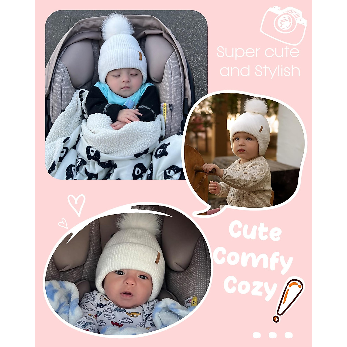 Toddler Baby Winter Hat Warm Fleece Lined Knit Kids Hat with Earflap Infant Newborn Pom Pom Beanie Knit Cap Girls Boys