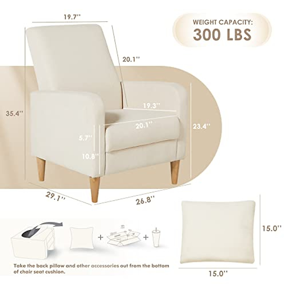 COLAMY Modern Upholstered Accent Chair Armchair with Pillow, Fabric Reading Living Room Side Chair,Single Sofa with Lounge Seat and Wood Legs,Beige