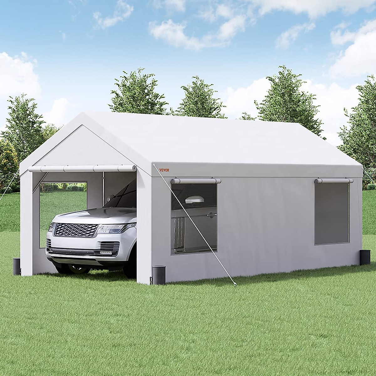 VEVOR Heavy Duty Carport, 10x20ft Car Canopy, Portable Garage with Roll-up Ventilated Windows & Removable Sidewalls, UV Resistant Waterproof All-Season Tarp for SUV, F150, Car, Truck, Boat