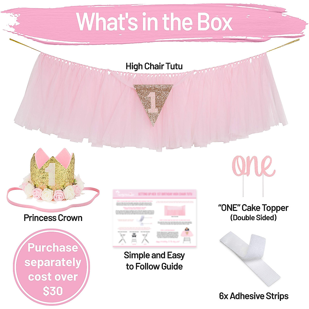 1st Birthday Girl Decoration High Chair Tutu Skirt WITH No.1 Crown -1st Birthday Decorations Cake Smash for Baby Girls - First Birthday Banner, Princess Crown and 'ONE' Cake Topper in Baby Pink n Gold