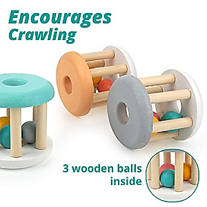 DUCKBOXX XX Wooden Rattle Rollers for Babies Ages 0m – 2yrs (White Base - 3pcs)