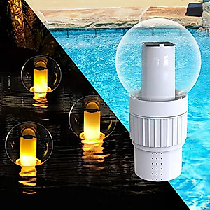 Pool Chlorine Floater, Chlorine Dispenser with Solar Pool Lights Ball, Extra-large Capacity Chemical Bromine Holder of 4* 3"Chlorine Tablets with Flame Solar Lights Outdoor for Spa/Hot Tub/Pool/Garden