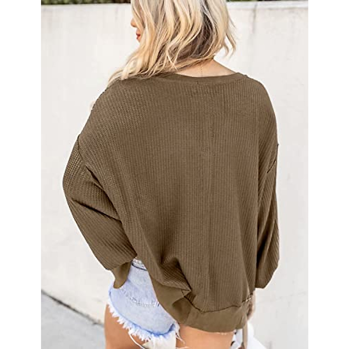 ASTANFY Womens Long Sleeve Sweatshirts Waffle Knit Shirts V Neck Solid Color Pullover Casual Loose Fit Tunic Tops Brown