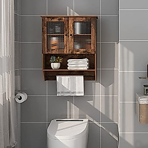 Tohomeor Bathroom Wall Cabinet with Towels Bar Wooden Medicine Cabinet with 2 Doors Wall Mounted Storage Cabinet Over Toilet Bathroom Cabinet (Brown)
