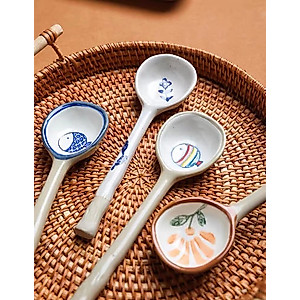 YUURAIN VUVU Japanese Large Spoon, Handmade Long Handle Asian Spoons, Retro Ceramic Spoons, Ramen Spoons, Pho Spoons, Large Soup Spoons with Cute Hand-Painted Pattern, Hand-Kneaded (2 Pieces) - D