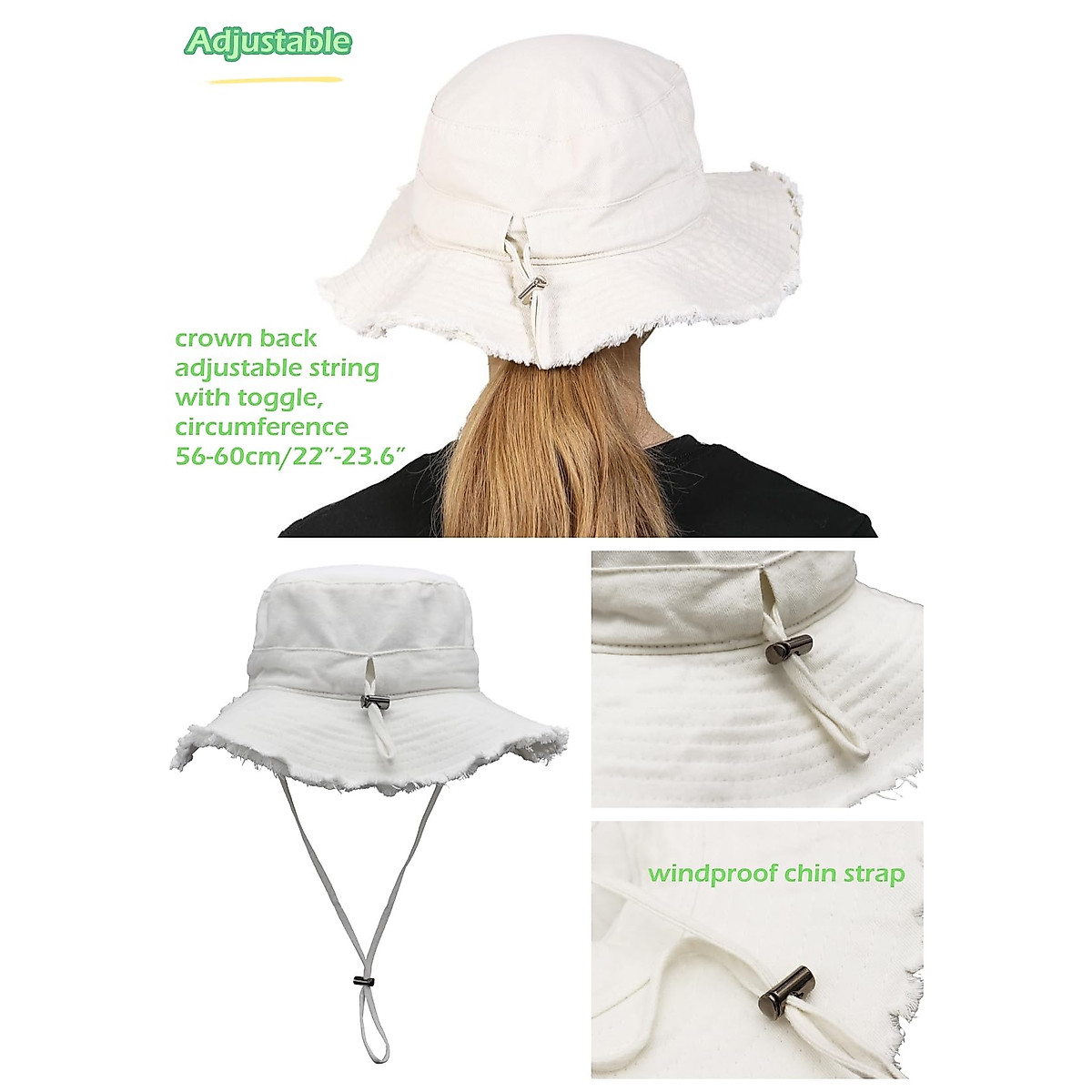 LLmoway Women’s Sun Hats Wide Brim Summer Cotton Washed Fringe Bucket Hat with String Packable Ladies Floppy Hat White