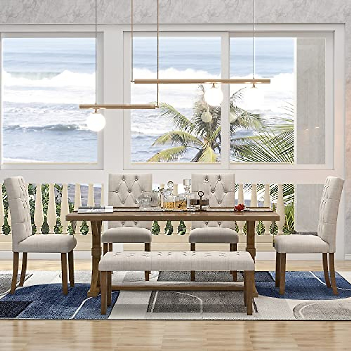 Goohome 6-Piece Farmhouse Kitchen Dining Set, Mid-Century Wood Rectangular Table, 4 Flannelette Upholstered Chairs and Bench Family Furniture, for Home, Apartment, Walnut