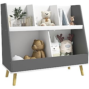 Qaba Kids Bookcase, 2 Tier Toddlers Toy Storage Organizer, Children Book Shelf with 5 Compartments, Anti-tip Device, Pine Wood Legs for Nursery, Playroom, Classroom, Gray
