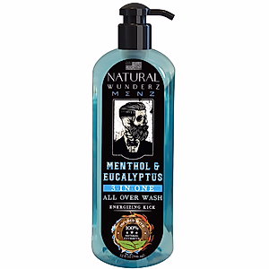 Mens Body Wash with Menthol & Eucalyptus, 32 Fl Oz, All Natural 3-In-1 Body Scrub and Liquid Soap for Gentle Cleansing, Vegan Friendly, Sulfate Free, and Cruelty Free