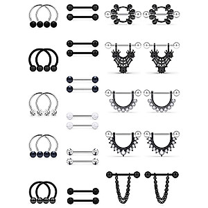 SCERRING 16G Nipple Rings 316L Stainless Steel CZ Nipplerings Shield Tongue Barbell Rings Bars Body Piercing Jewelry for Women 32PCS Black