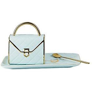 LmlJoo Creative and Adorable Handbag-Shaped Mug with Saucer Cup and Golden Spoon for Enjoying Tea, Juice, Milk, Hot Chocolate or Cappuccino (Blue)