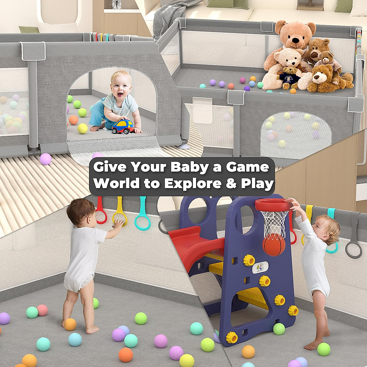 HEIZO Large Baby Playpen for Babies and Toddlers, 71''x59'' Play Yard, Safety Baby Fence Area with Zipper Gate and Anti-Slip Base for Indoor & Outdoor Activity