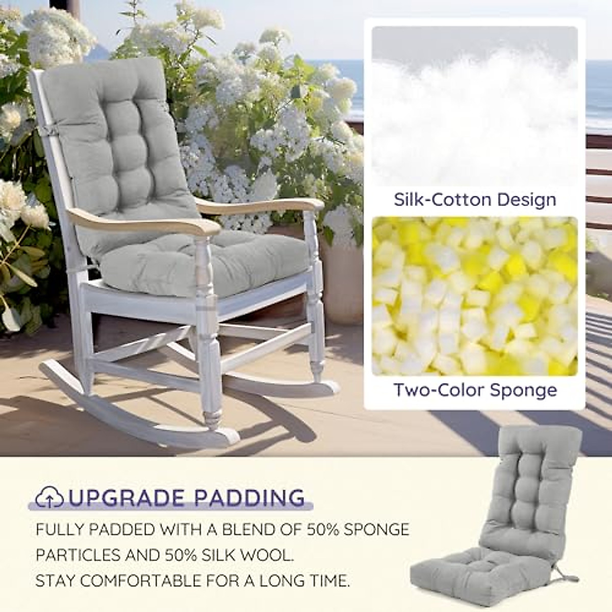 Sutteles Rocking Chair Cushion,Indoor/Outdoor Rocking Chair Cushions with Elastic,Thickened Cushions for Outdoor Rocking Chair, Tufted Rocking Chair Cushions, 41.33 * 17.71 Inch, 1-Pack (Light Gray)