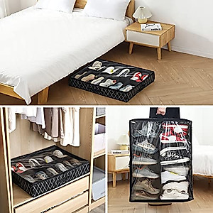 BAYUTE Under Bed Shoe Storage Organizer - 2 Pack Set with Zipper and Handle, Transparent Window, Foldable Non Woven Shoe Organizer (BLACK)