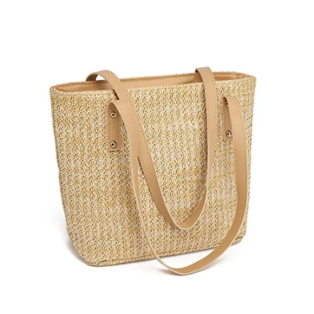 Straw Beach Tote Bags for Summer, Large Beach Bags for Women, Handmade Woven Straw Bag with Leather Handles & Zipper Closure for Vacation, Holiday, Seaside (Khaki)