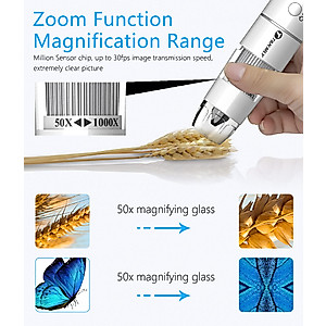 Wireless Digital Microscope Handheld USB HD Inspection Camera 50x-1000x Magnification with Stand Compatible with iPhone, iPad, Samsung Galaxy, Android, Mac, Windows Computer (Silver)