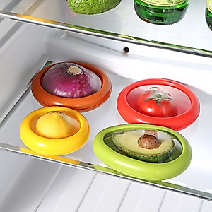OUKEYI Fruit and Vegetable Storage Containers Reusable SiliconeRefrigerator Box Storage Bowls Saver Holder Keeper foronion, Tomato, Lemon, and avocado ，Refrigerator Vegetable Crisper 4Pieces