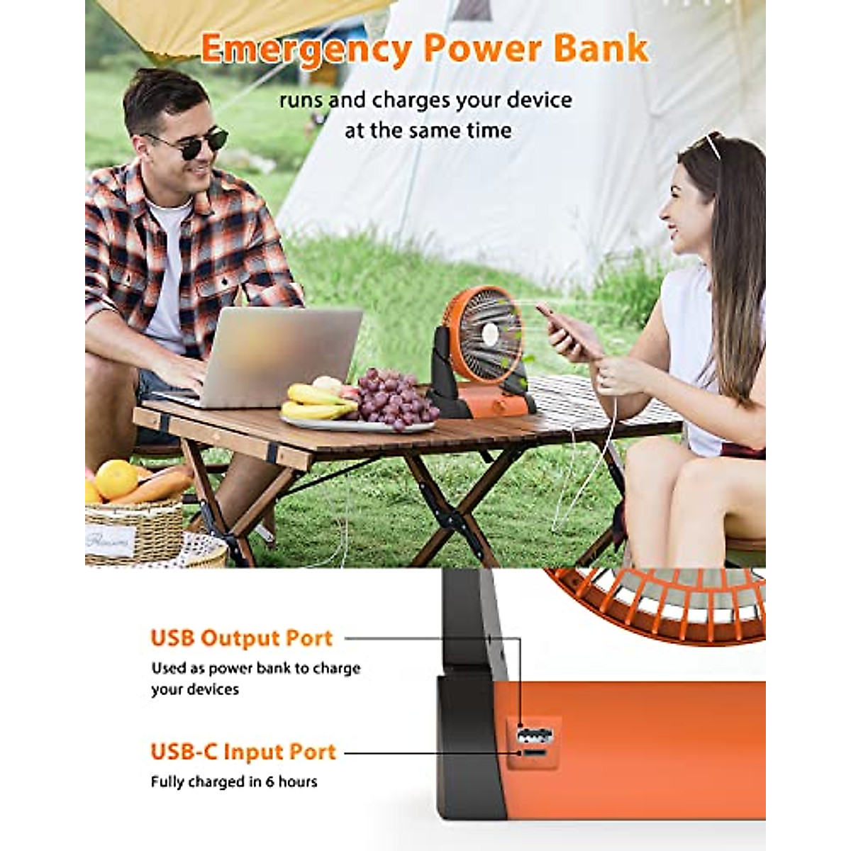 TriPole 10800mAh Battery Operated Fan for Camping with LED Light & Hanging Hook, Portable and Rechargeable Tent Fan with Digital Display Long-Lasting Fan for Outdoor Travel Car RV Desk