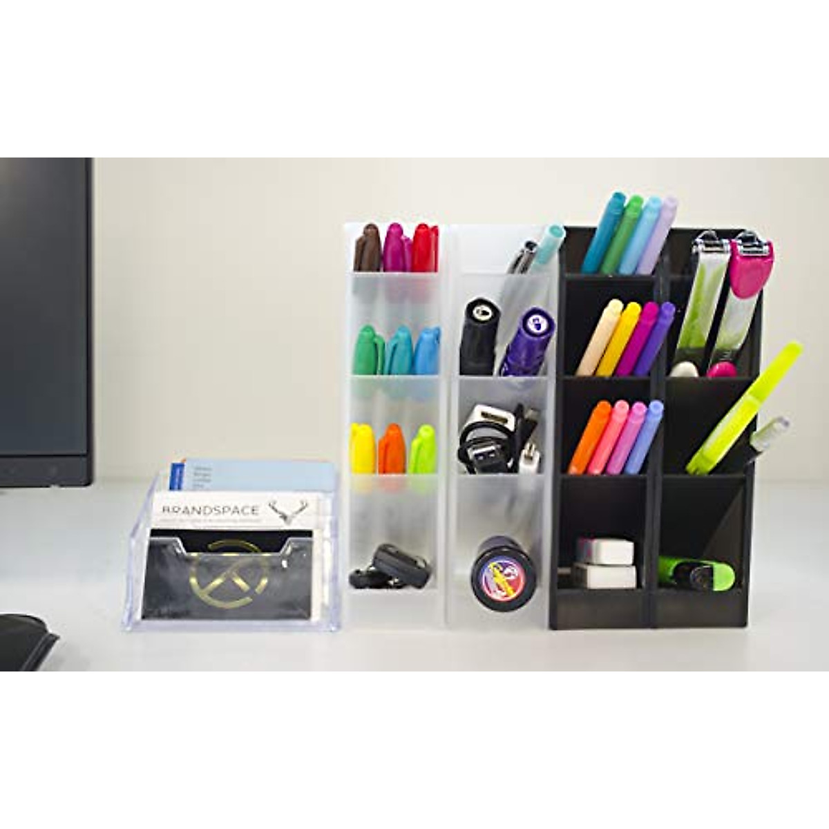 STYLIO Office Desk Organizer. Pen & Pencil Holder. Markers, Stationery Caddies Essential for Office/ Teacher Supplies. Translucent Black & White Caddy Organizer Racks (Set Of 4). Perfect for Desktops