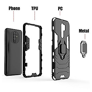 FaDream for Xiaomi Redmi 9 Case, Rugged Shockproof Dual Layer Heavy Duty Protective Kickstand Cover with [2 Pack] Tempered Glass Screen Protector (Black)