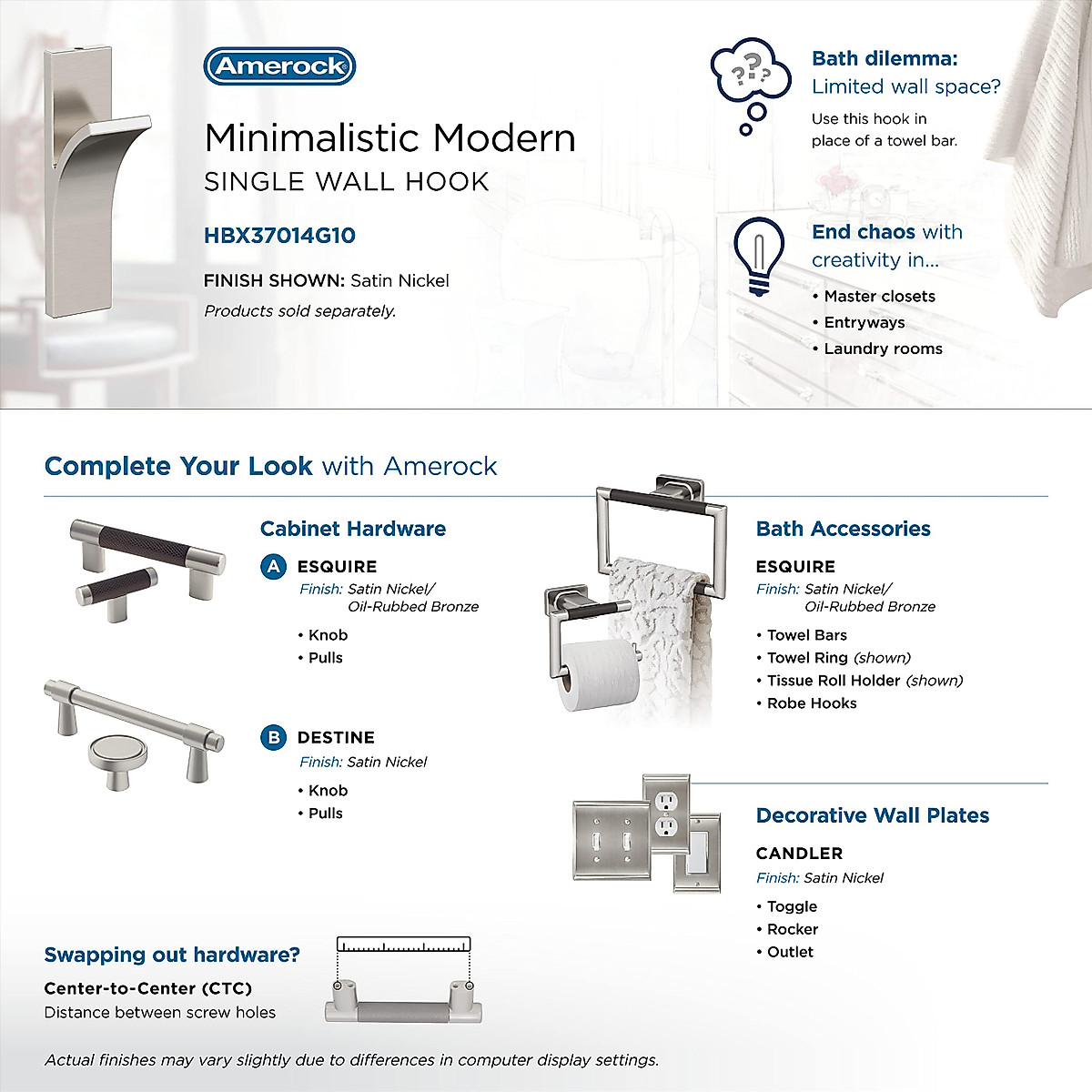 Amerock HBX37014G10 | Apex Single Prong Decorative Wall Hook | Satin Nickel Hook for Coats, Hats, Backpacks, Bags | Hooks for Bathroom, Bedroom, Closet, Entryway, Laundry Room, Office