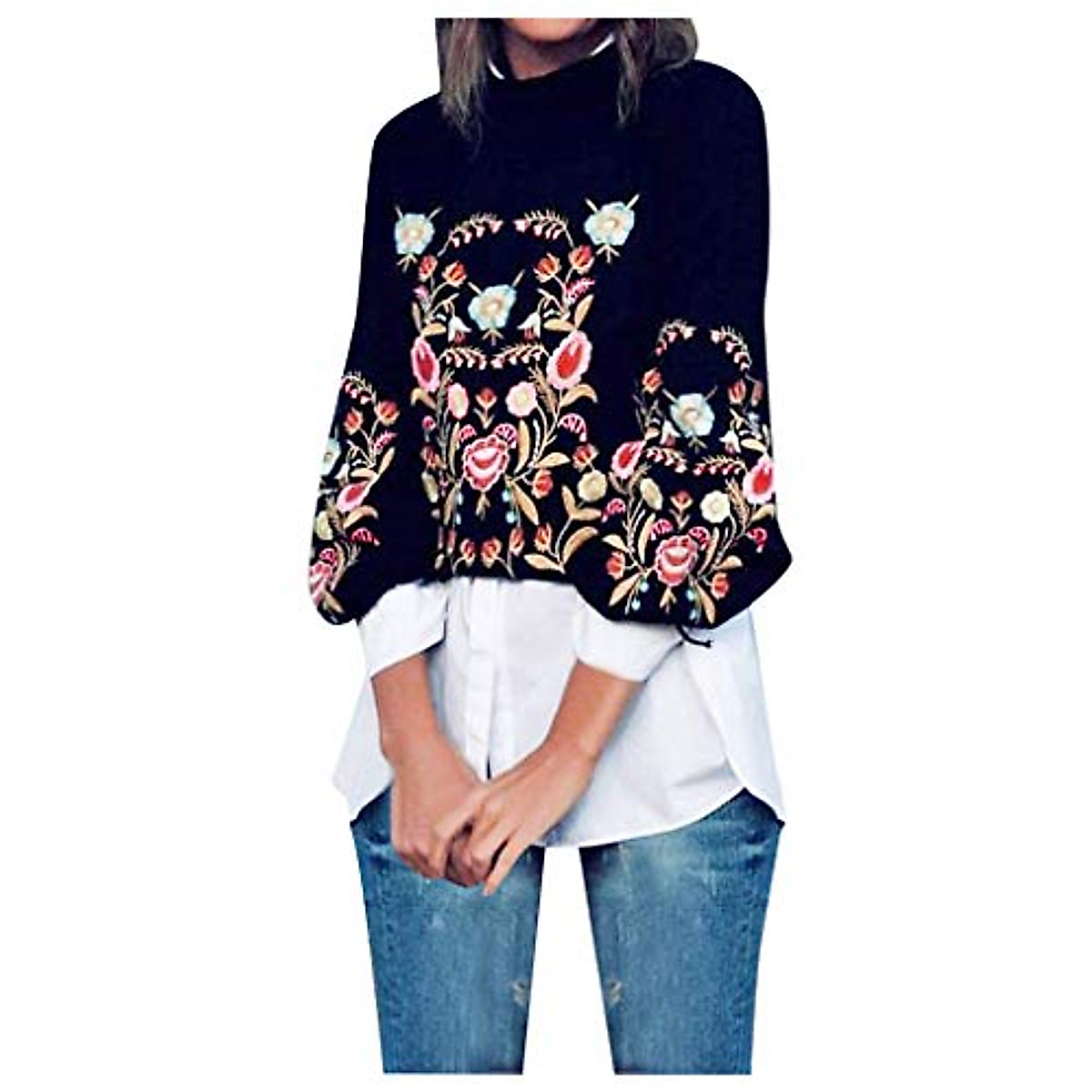 Akabsh Women Long Sleeve Retro Printed Drawstring Pullover Sweatshirt Blouse Tops