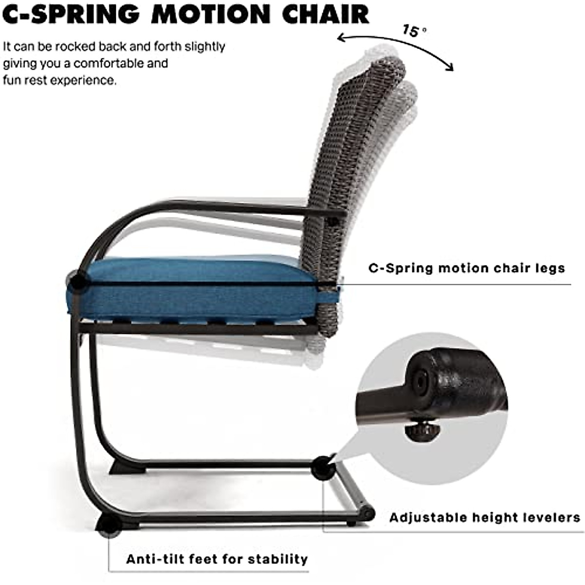 Grand patio 2 Pieces Dining Wicker Chair Set,Outdoor Dining Set,Steel Frame Rocking Chair with Cushion for Conversation for Yard,Garden,Backyard, Deck,Bistro(Peacock Blue)