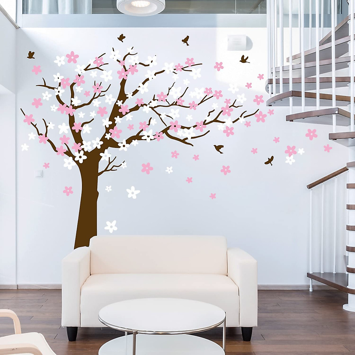 AIYANG Large Cherry Tree Wall Decals White Pink Cherry Blossom Flower Tree Branch Wall Stickers Baby Nursery Bedroom Living Room Decoration (Brown)