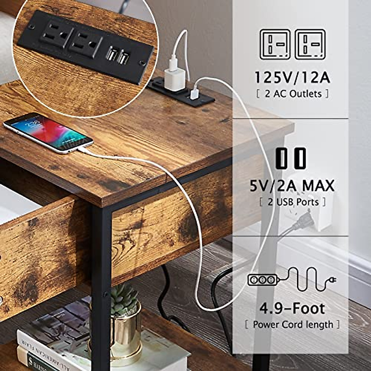 SUPERJARE Nightstand with Charging Station and USB Ports, Side Table End Table with Drawer, Open Storage Shelf and Steel Frame, Bedside Table for Small Spaces, Rustic Brown