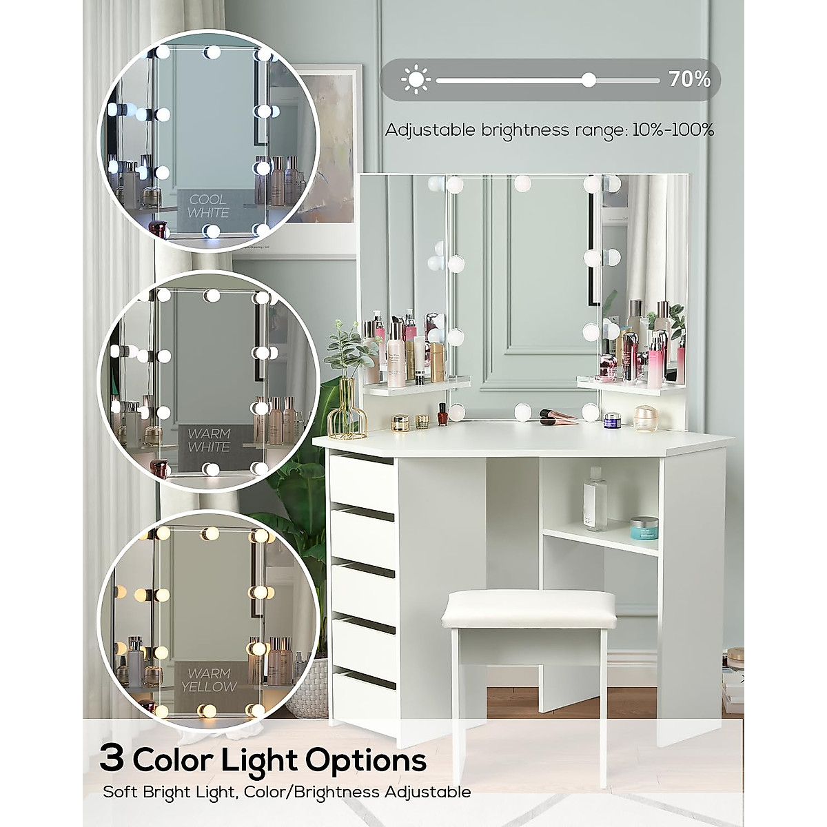 VOWNER Vanity Desk with Mirror and Lights - Vanity with 3 Lighting Options, Adjustable Brightness, Vanity Set with 5 Sliding Drawers, Shelves and Vanity Stool, Corner Vanity for Women Girls, White 43"