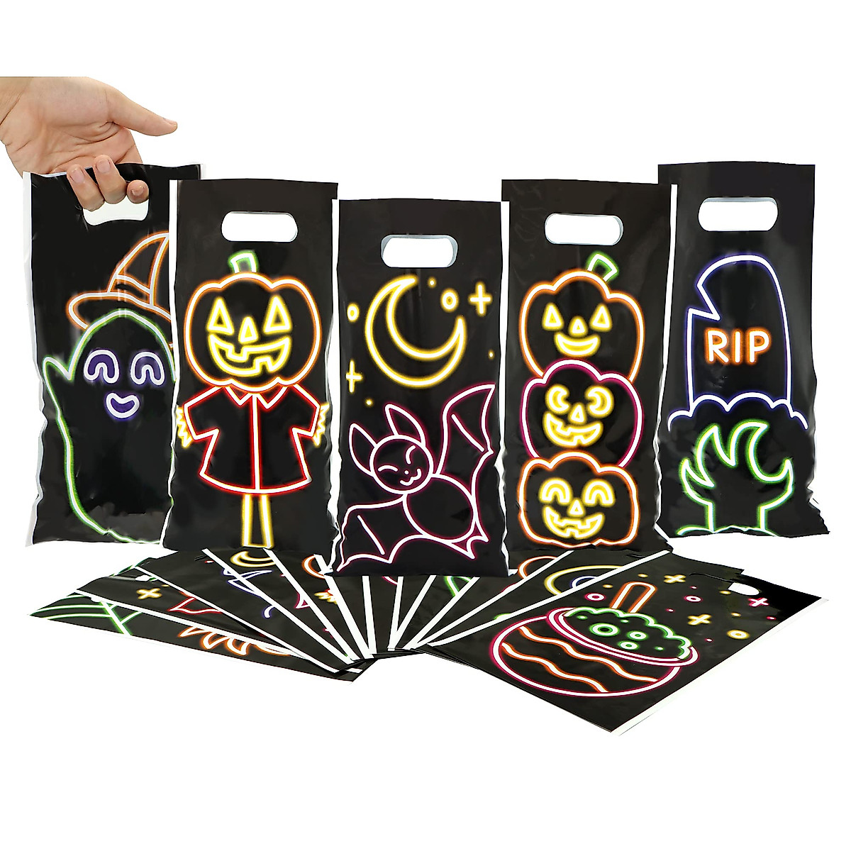 JOYIN 72 Pcs Halloween Candy Bag See Through Design with 12 Different Characters Halloween Treat Bag for Candy Bags, Small Trick or Treat Bags, Plastic Goodie Bags Halloween Party Favors