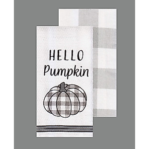 Mainstream Hello Pumpkin Kitchen Hand Towels, Grey and White Checked Buffalo Plaid, Set of 2 Coordinating Cotton Dishtowels for Fall and Thanksgiving Decorating, 16 x 26 inches