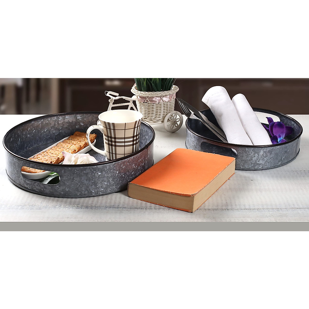 Set of 2 Countertop Galvanized Fruit Tray Baskets,Organizer Crates for Kitchen,Bathroom,Pantry,for Fruit,Vegetables,Produce,Bread and General Storage Space |Decorative Rustic Natural (12"+10" Dia)