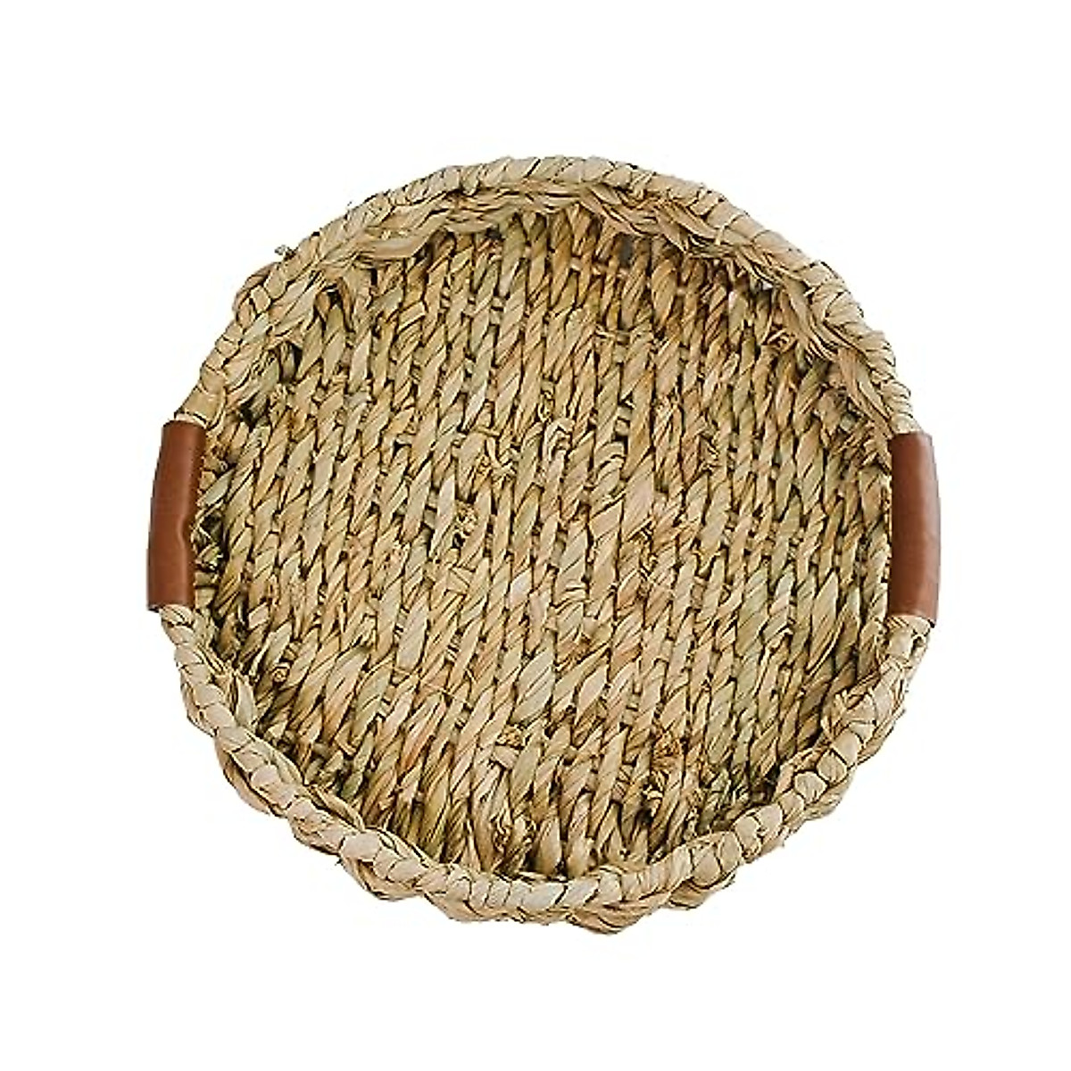 Summit Living Handwoven Round Rattan Tray with Leather Handles – Use as Home Decor or Vegetable and Fruit Organizer Tray – Water Hyacinth Circular Wicker Tray (14" x 14")