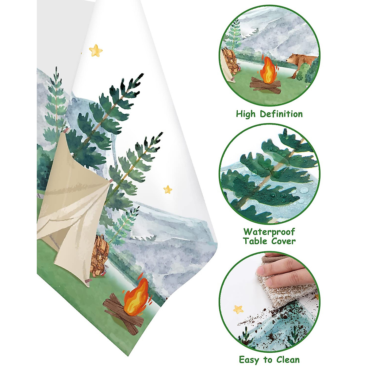 Nefelibata 3 pcs Camping Birthday Decorations Table Cover Waterproof Tablecloths One Happy Camper Party Camping Favors Bachelorette Happy Camper for Boys Girl Plastic Table Runner Disposable Supplies