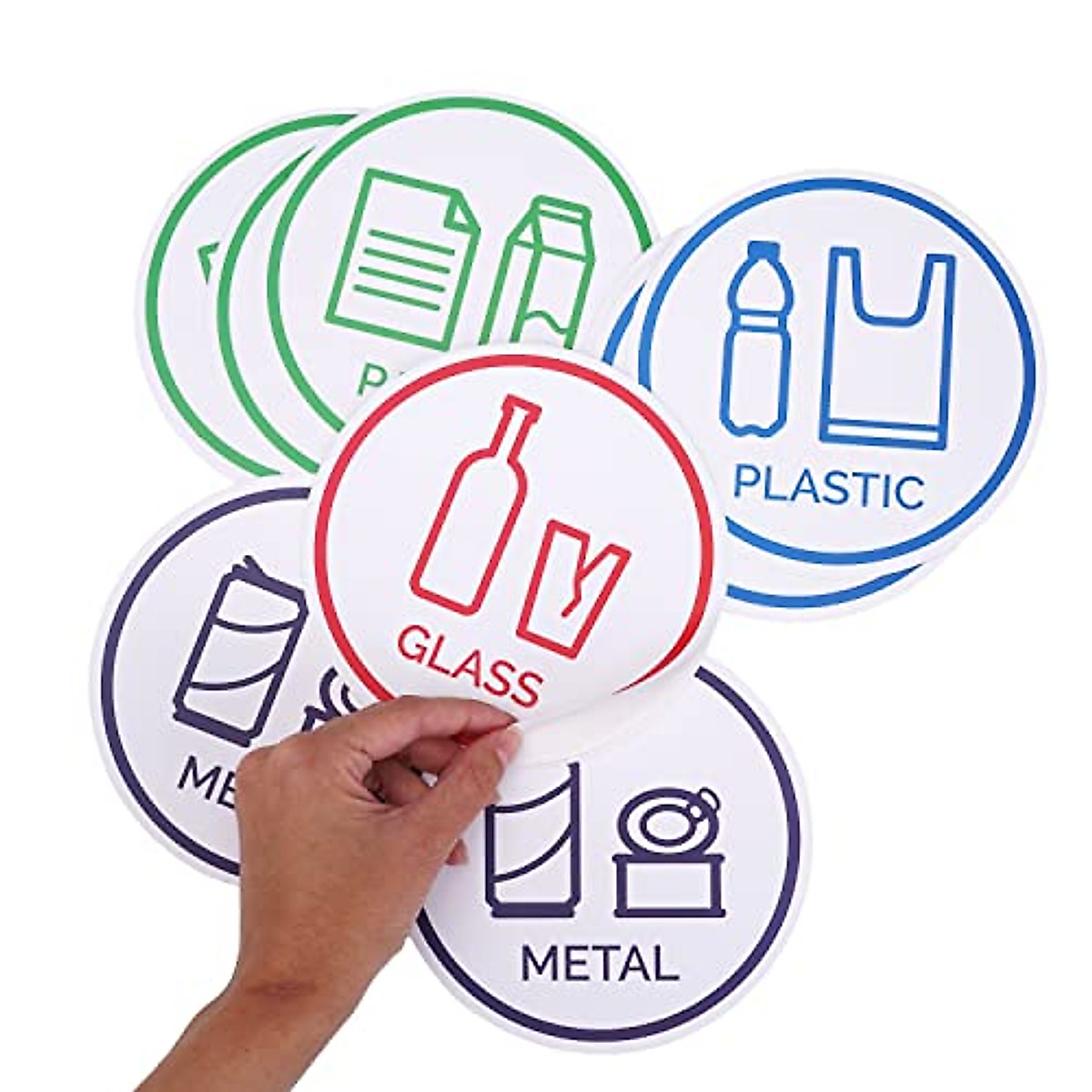 6 Pack Glass, Paper, Plastic, Metal, Trash, Recycle Sign Stickers - Self-Adhesive Vinyl Decal Recycle Logos - Eco-Friendly Trash Can Signs - 6" - Indoor & Outdoor Use - Waterproof & UV Protected